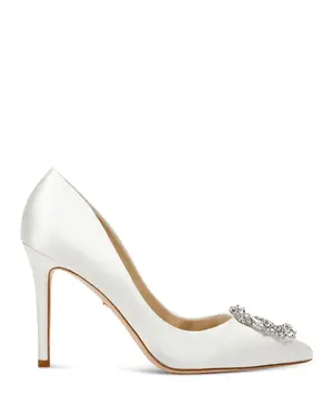 Badgley Mischka Cher Crystal Buckle Pumps - White Satin