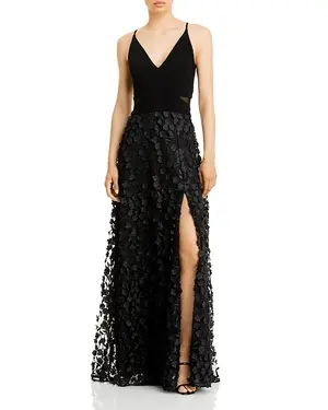Aqua Floral Applique Gown - Black