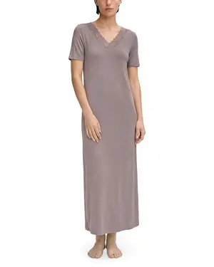 Hanro Moments Short Sleeve Long Gown - Stormy Rose