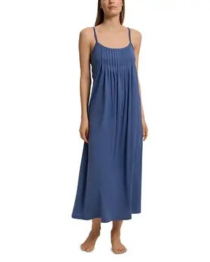 Hanro Juliet Pleated Long Spaghetti Gown - Slate Blue
