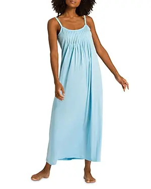 Hanro Juliet Pleated Long Spaghetti Gown Soft Cyan