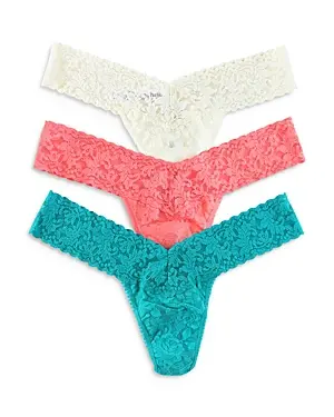 Hanky Panky Signature Lace Low Rise Thongs, Set Of 3 Ivory/peachy Keen/vibrant Turquoise