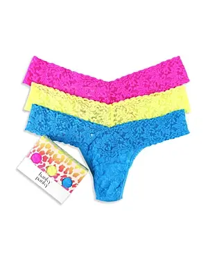 Hanky Panky Signature Lace Low Rise Thongs, Set Of 3 Pink/yellow/fiji Blue