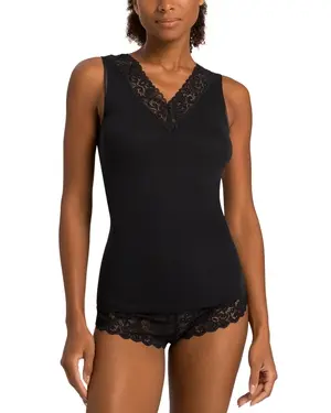 Hanro Moments Cotton Lace Trim Tank - Black