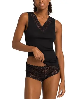 Hanro Moments Cotton Lace Trim Tank - Black