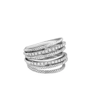 David Yurman Sterling Silver Crossover Wide Ring With Diamonds - White/silver