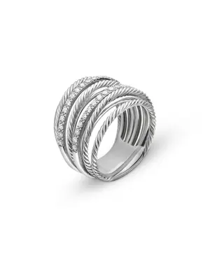 David Yurman Sterling Silver Crossover Wide Ring With Diamonds - White/silver