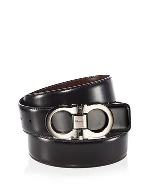 FERRAGAMO Double Gancini Buckle Reversible Leather Belt - Black/auburn