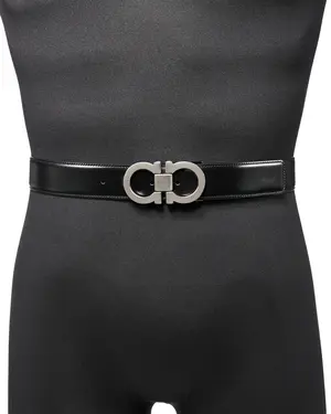 FERRAGAMO Double Gancini Buckle Reversible Leather Belt - Black/auburn