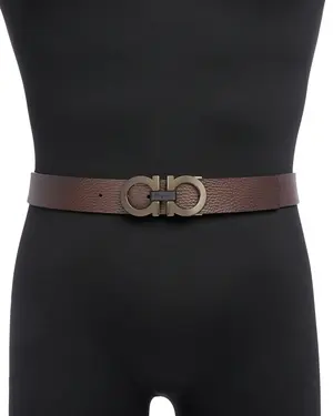 FERRAGAMO Double Gancini Buckle Reversible Leather Belt - Black/hickory