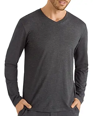 Hanro Hanro Cotton Blend Long Sleeve V Neck Tee Caviar