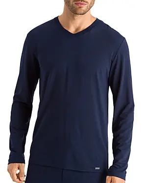Hanro Hanro Cotton Blend Long Sleeve V Neck Tee Deep Navy