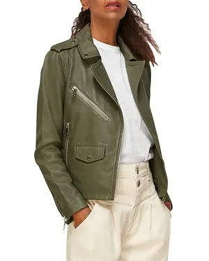 Whistles Agnes Pocket Leather Biker Jacket - Khaki