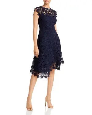 Eliza J Asymmetrical Lace Midi Dress - Navy