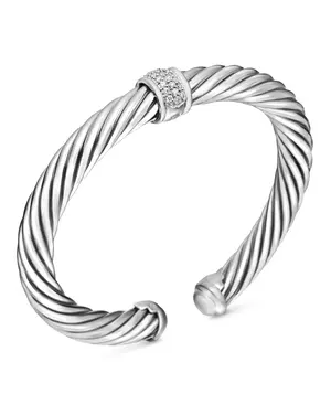 David Yurman Classic Cable Station Bracelet With Pave Diamonds - Silver
