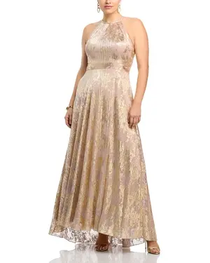 Aqua Foil Knit Metallic Halter Gown Exclusive - White/pink/gold