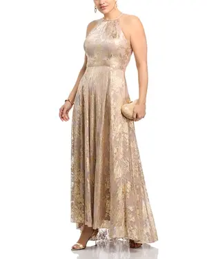 Aqua Foil Knit Metallic Halter Gown Exclusive - White/pink/gold