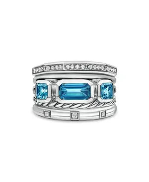 David Yurman Sterling Silver Stax Ring With Topaz And Diamonds - Blue/silver