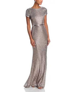 Aqua Belted Sequin Gown Exclusive - Silver/taupe