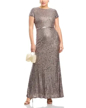 Aqua Belted Sequin Gown Exclusive - Silver/taupe