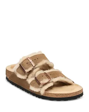 BIRKENSTOCK Arizona Shearling Slide Sandals - Dark Tea