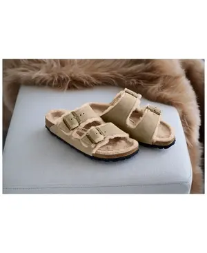 BIRKENSTOCK Arizona Shearling Slide Sandals - Taupe