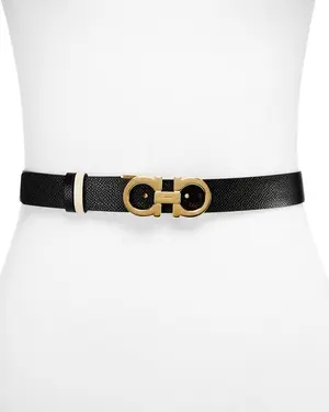 FERRAGAMO Skinny Gancini Leather Belt - Macadamia/black/gold