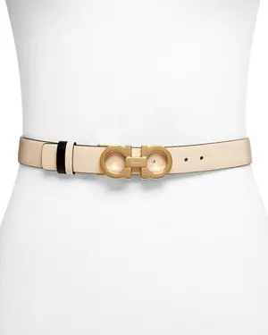 FERRAGAMO Skinny Gancini Leather Belt - Macadamia/black/gold