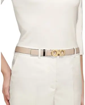 FERRAGAMO Skinny Gancini Leather Belt - Macadamia/black/gold
