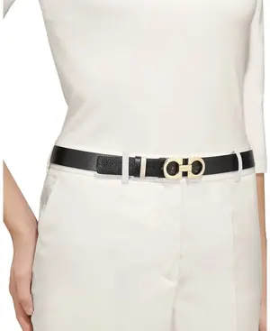 FERRAGAMO Skinny Gancini Leather Belt - Macadamia/black/gold