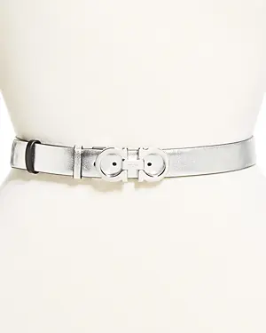 FERRAGAMO Salvatore Ferragamo Gancini Slim Leather Belt Argento