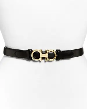 FERRAGAMO Gancini Slim Leather Belt - Black/gold