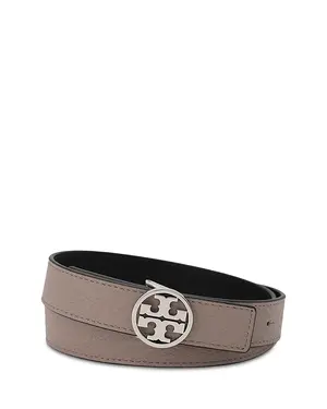 Tory Burch Reversible Leather Logo Belt Gray/black Silver
