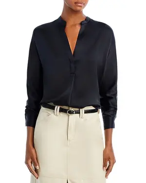 Vince Silk Banded Collar Blouse - Black