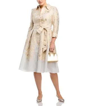knee length dresses for ladies Metallic Jacquard Gold Trim Button Coat Dress – Terijon.com main image 0