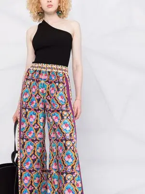 La DoubleJ Placeé-print Silk Trousers