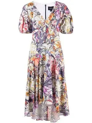 Marchesa Floral-print Short-sleeve Dress - Purple