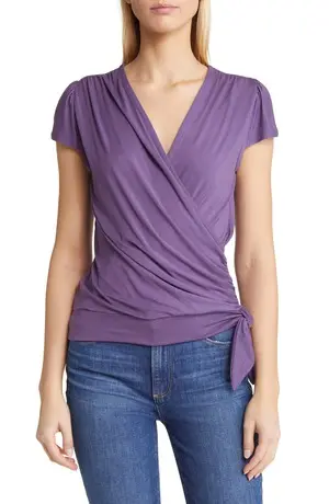 Loveappella Loveappella Faux Wrap Top Violet