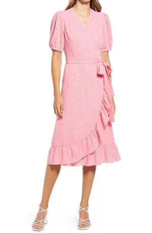 Draper James Reba Gingham Seersucker Wrap Dress In Raspberry Pink - 69% Off  | Editorialist