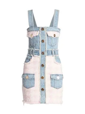 Balmain Balmain Buttoned Tweed & Denim Dress - Pale Rose Blue