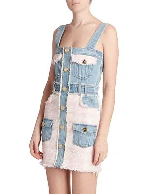 Balmain Buttoned Tweed & Denim Dress