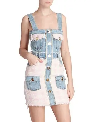 Balmain Buttoned Tweed & Denim Dress