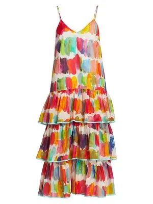 Rhode RHODE Vena Multicolor Tier-Ruffle Midi Dress - Brush Strokes Multi
