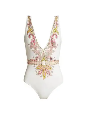 Zimmermann Zimmermann Teddy Belted One-Piece Swimsuit - Ivory Paisley