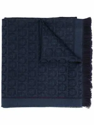 FERRAGAMO Gancini Pattern Frayed Scarf - Blue