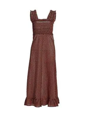 GANNI GANNI Seersucker Check Midi Dress - Flame