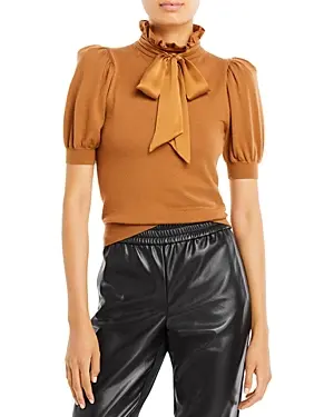 Alice + Olivia Puff Sleeve Ruffle Neck Sweater Camel