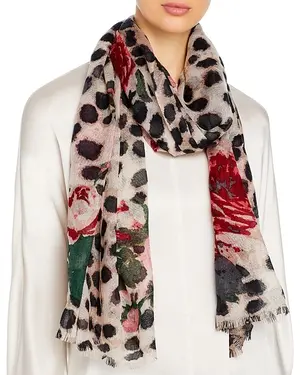 FRAAS Bloomingdale's Animal & Rose Print Wool Scarf Exclusive - Light Rose