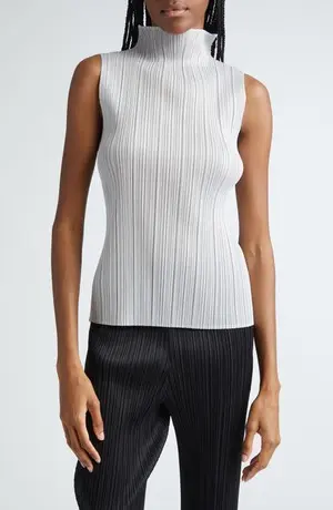 Issey Miyake Pleated Funnel Neck Top - Light Gray