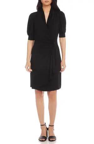 Karen Kane Puff Sleeve Jersey Faux Wrap Dress - Black